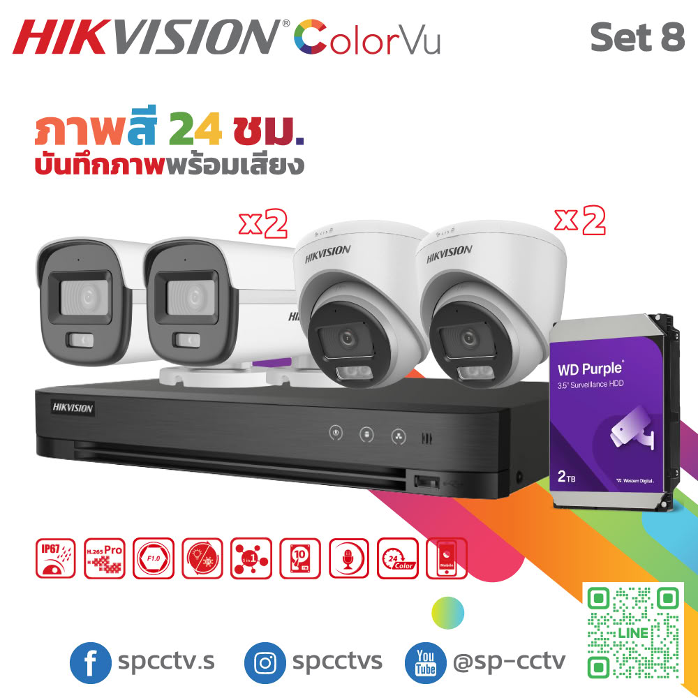 Hikvision Set 8 กล้องวงจรปิด 2MP ColorVu ติดตั้งฟรีและประกัน 2 ปี
